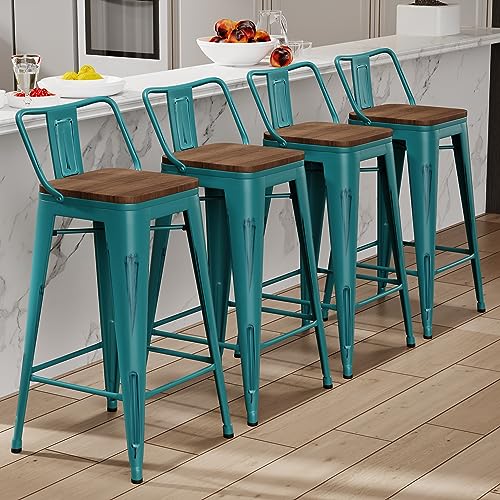 Alunaune 26" Metal Bar Stools Set of 4 Industrial Counter Height Barstools Kitchen Counter Stool Modern Wood Seat-Distressed Teal