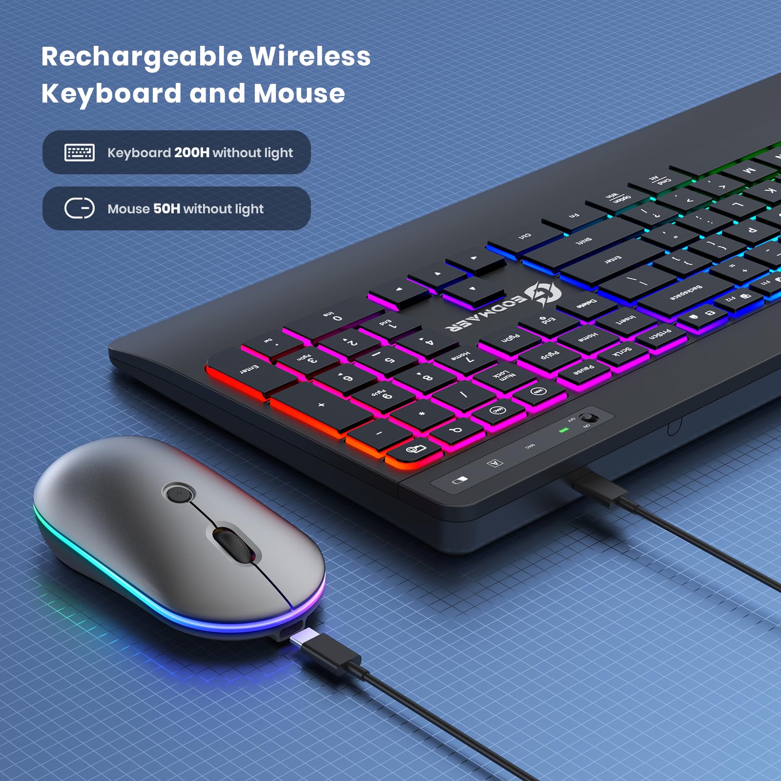 GEODMAER Wireless Keyboard and Mouse Combo with Phone Holder, Wrist Rest, Silent Rechargeable Backlit Full Size Ergonomic Keyboard and Mouse Wireless, Light Up Keyboard and Mouse for PC Mac