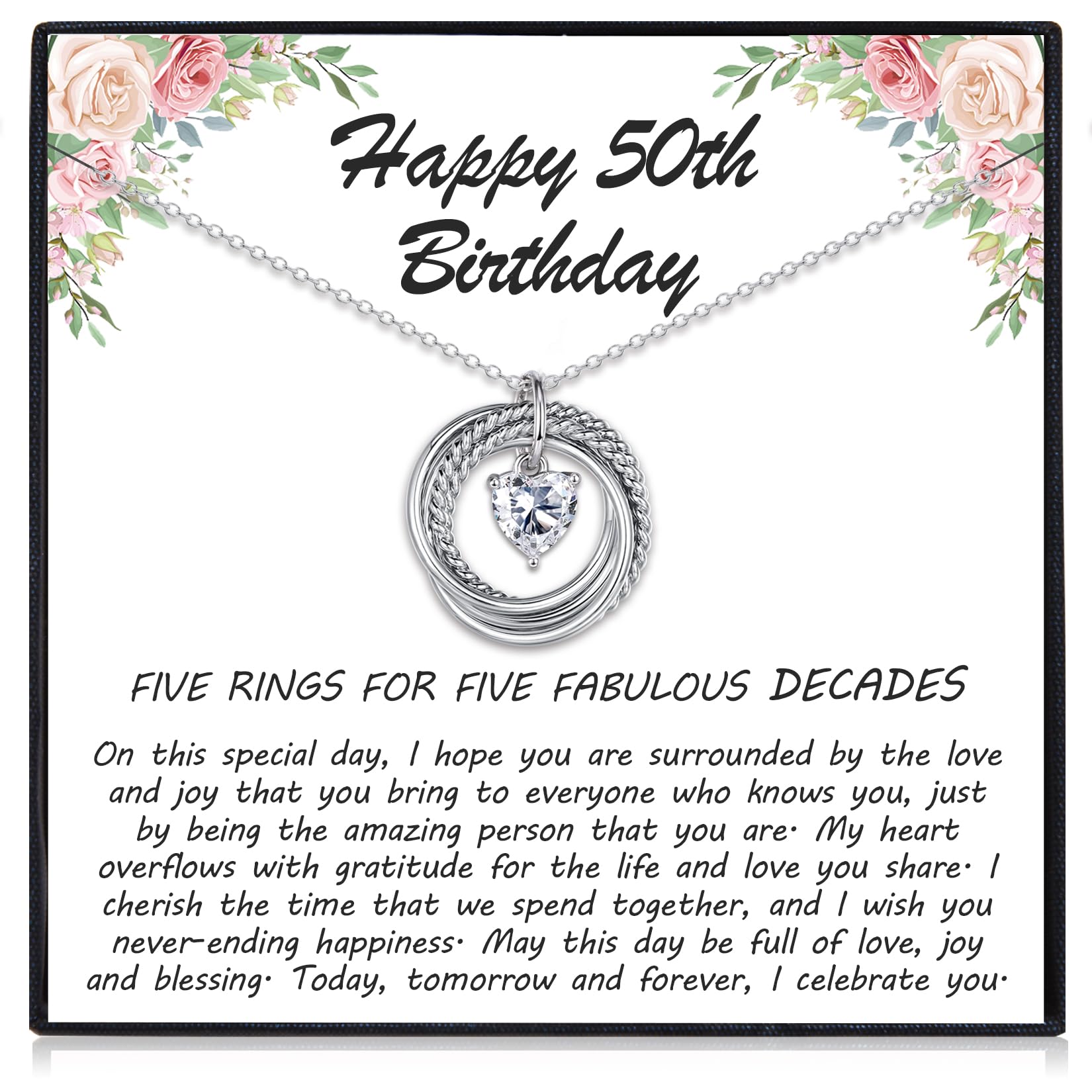 EPIRORA 50th Birthday Gifts for Women, Dainty 5 Circles Heart Cubic Zirconia Pendant Necklace for Her, 50 Years Old Birthday Jewelry Gifts