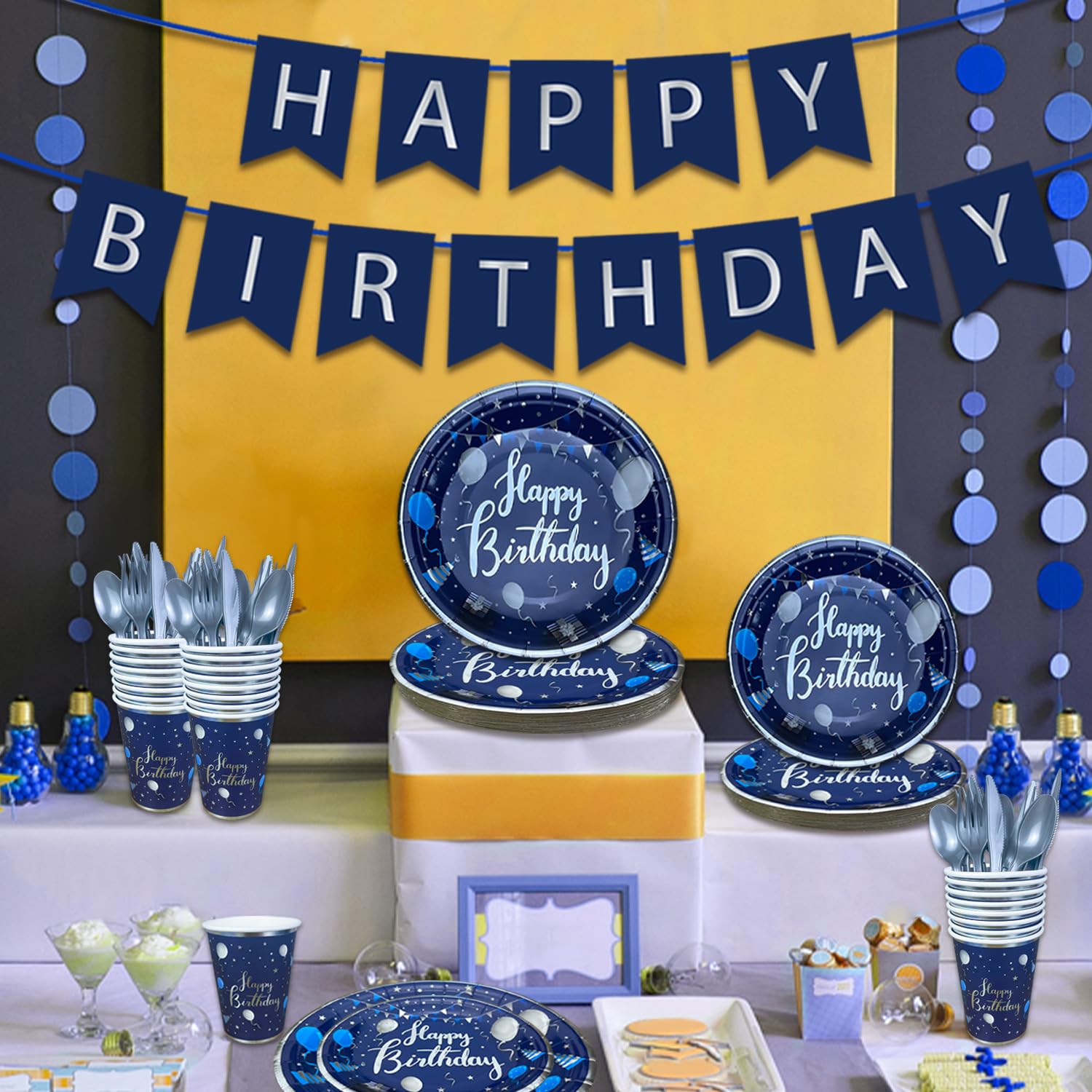 Navy Blue Birthday Party Decorations with Silver Stamped Tableware Set includes; Starry Theme Tablecloth, 9" and 7" Plates, Cups, Napkins, Utensils and Happy Birthday Banner -24 Guest