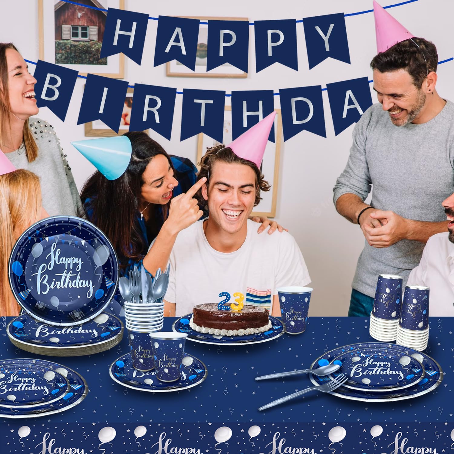 Navy Blue Birthday Party Decorations with Silver Stamped Tableware Set includes; Starry Theme Tablecloth, 9" and 7" Plates, Cups, Napkins, Utensils and Happy Birthday Banner -24 Guest