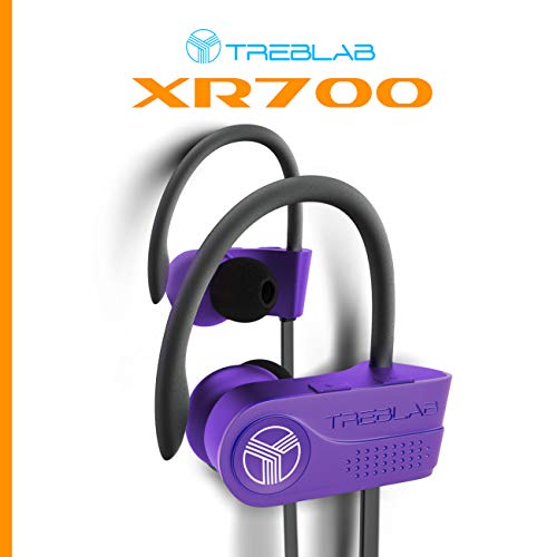 TREBLAB XR700 Wireless Sports Earbuds - Custom Adjustable Earhooks, PRO Running Bluetooth 5.0 Headphones for Athletes. IPX7 Waterproof, Sweatproof, in-Ear Headset, Noise Cancelling Earphones (Purple)