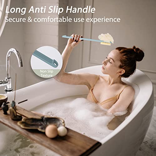 IMAVO Shower Body Brush,Dual-Sided Bath Brush with Bristles and Loofah,Long Handle Back Scrubber for Shower,Anti Slip Back Washer for Skin Exfoliating,Suitable for Wet or Dry Brushing(Blue)