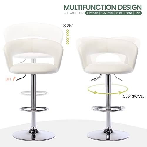 Brage Living Wide Bar Stool, Modern PU Leather Swivel Adjustable Barstool with Hollow Back and Arms, Upholstered Airlift Counter Height Bar Chair for Kitchen Dining (Ivory)