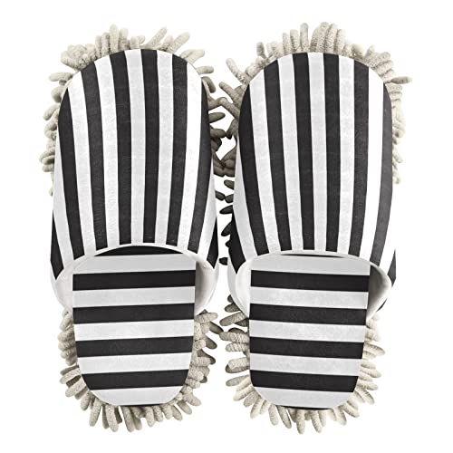 Kigai Microfiber Cleaning Slippers Black and White Stripes Washable Mop Shoes Slipper for Men/Women House Floor Dust Cleaner, Size M