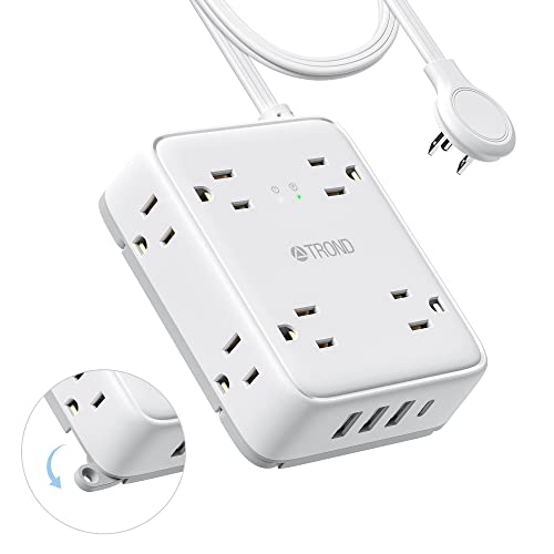 Surge Protector Power Strip with USB, TROND Ultra Thin Flat Plug 5ft Extension Cord 1625W, 3 USB A & 1 Type C, 8AC Outlets 1440J Surge Protection Wall Mount for Home Office Dorm Room Essentials, White