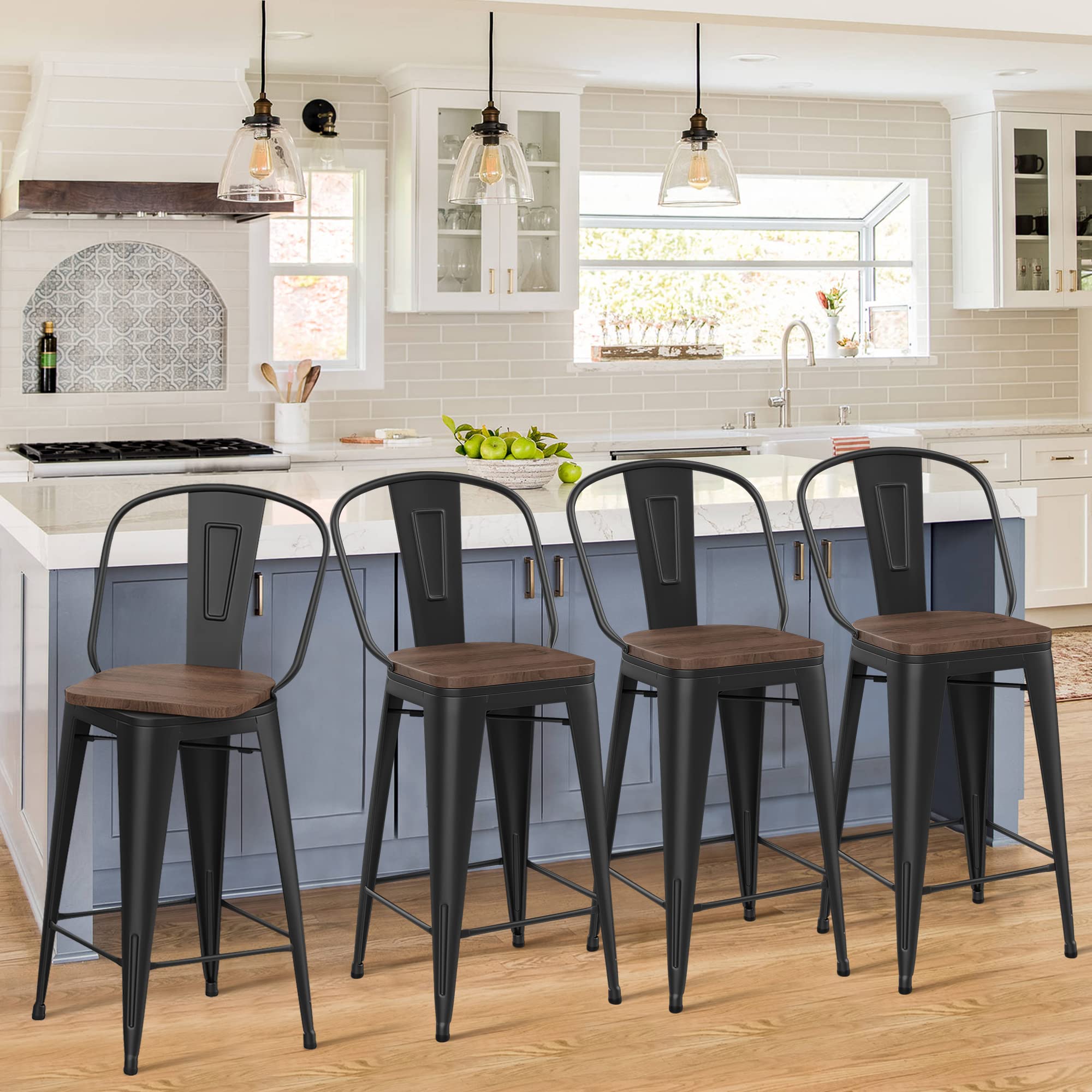 Alunaune 30" Swivel Metal Bar Stools Set of 4 High Back Counter Height Barstools Industrial Dining Bar Chairs with Large Wooden Seat-Matte Black