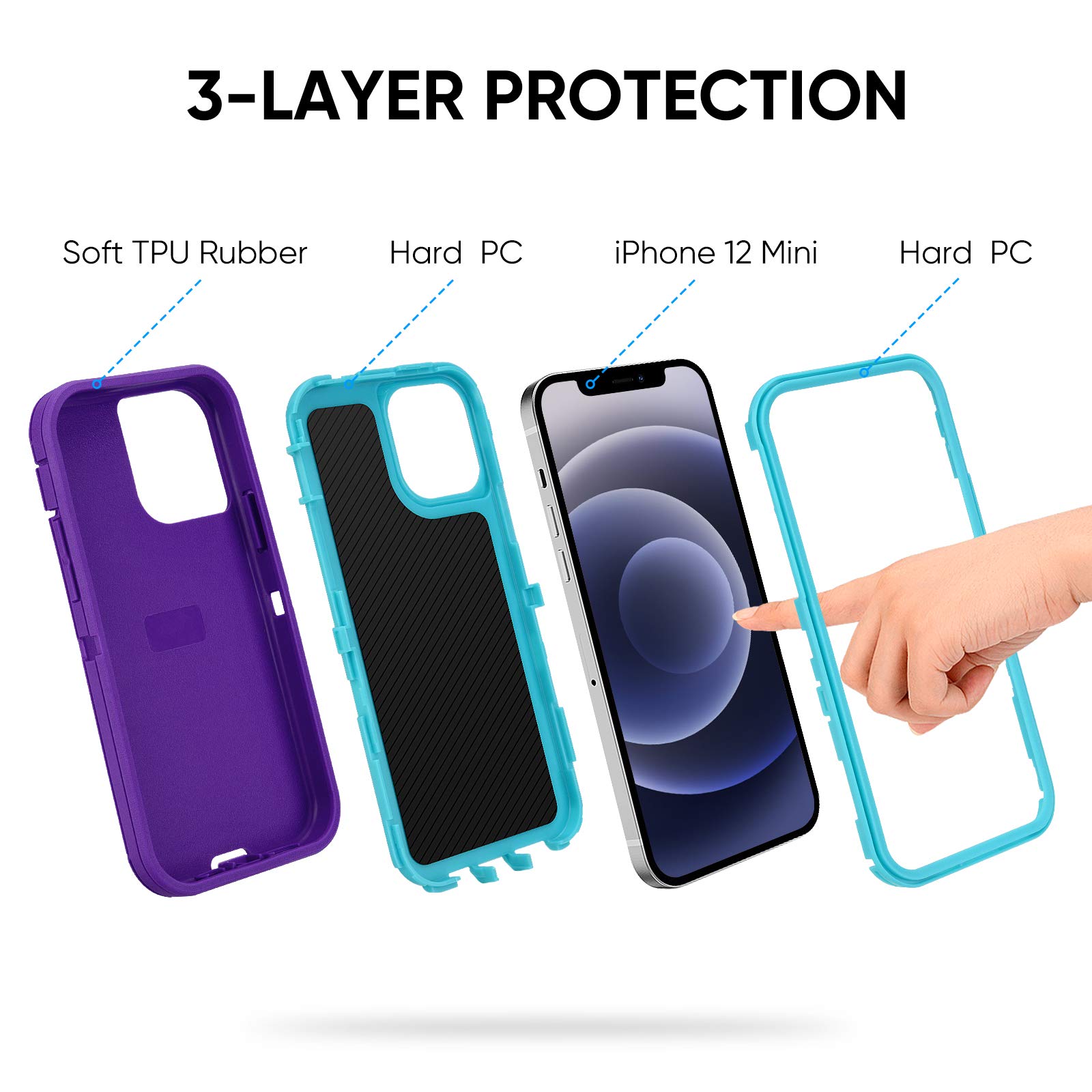 CAFEWICH Defender Case for iPhone 12 Mini, Heavy Duty 3 in 1 Shockproof Anti-Slip Drop Protective Phone Cover for iPhone 12Mini 5.4'' Display (Purple Blue)