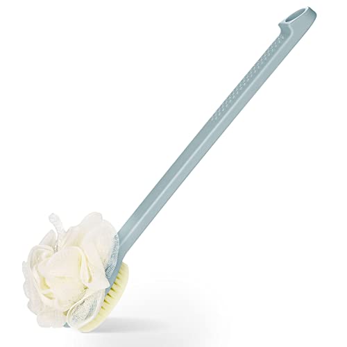 IMAVO Shower Body Brush,Dual-Sided Bath Brush with Bristles and Loofah,Long Handle Back Scrubber for Shower,Anti Slip Back Washer for Skin Exfoliating,Suitable for Wet or Dry Brushing(Blue)