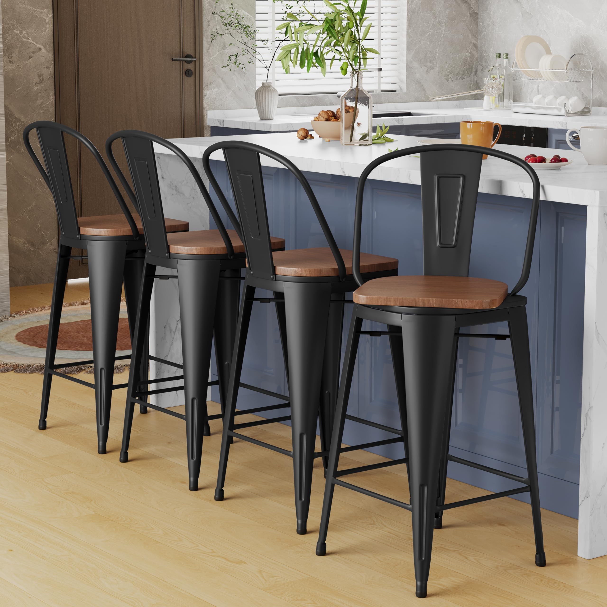 Alunaune 30" Swivel Metal Bar Stools Set of 4 High Back Counter Height Barstools Industrial Dining Bar Chairs with Large Wooden Seat-Matte Black