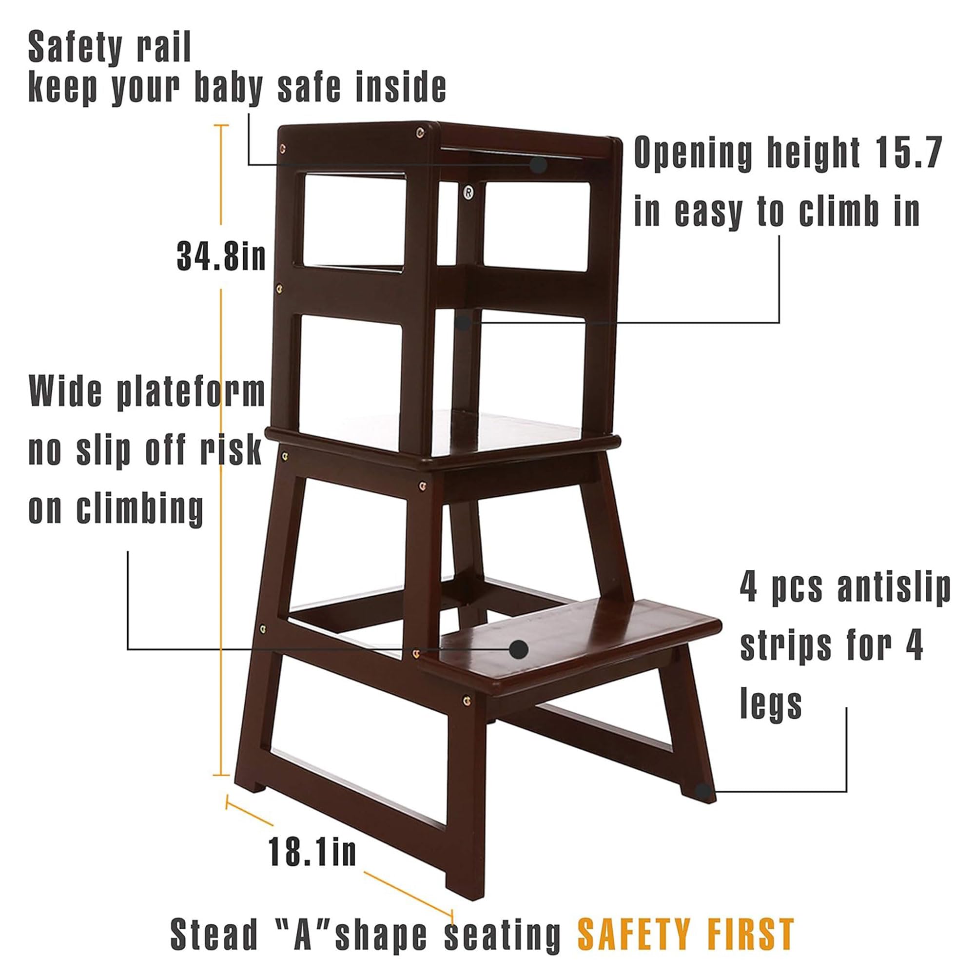 SDADI Kids Kitchen Step Stool Holds up to 150 Pounds with Safety Rail, Wide Platform Design, 4 Anti Slip Strips for 18 to 36 Months Old, Espresso