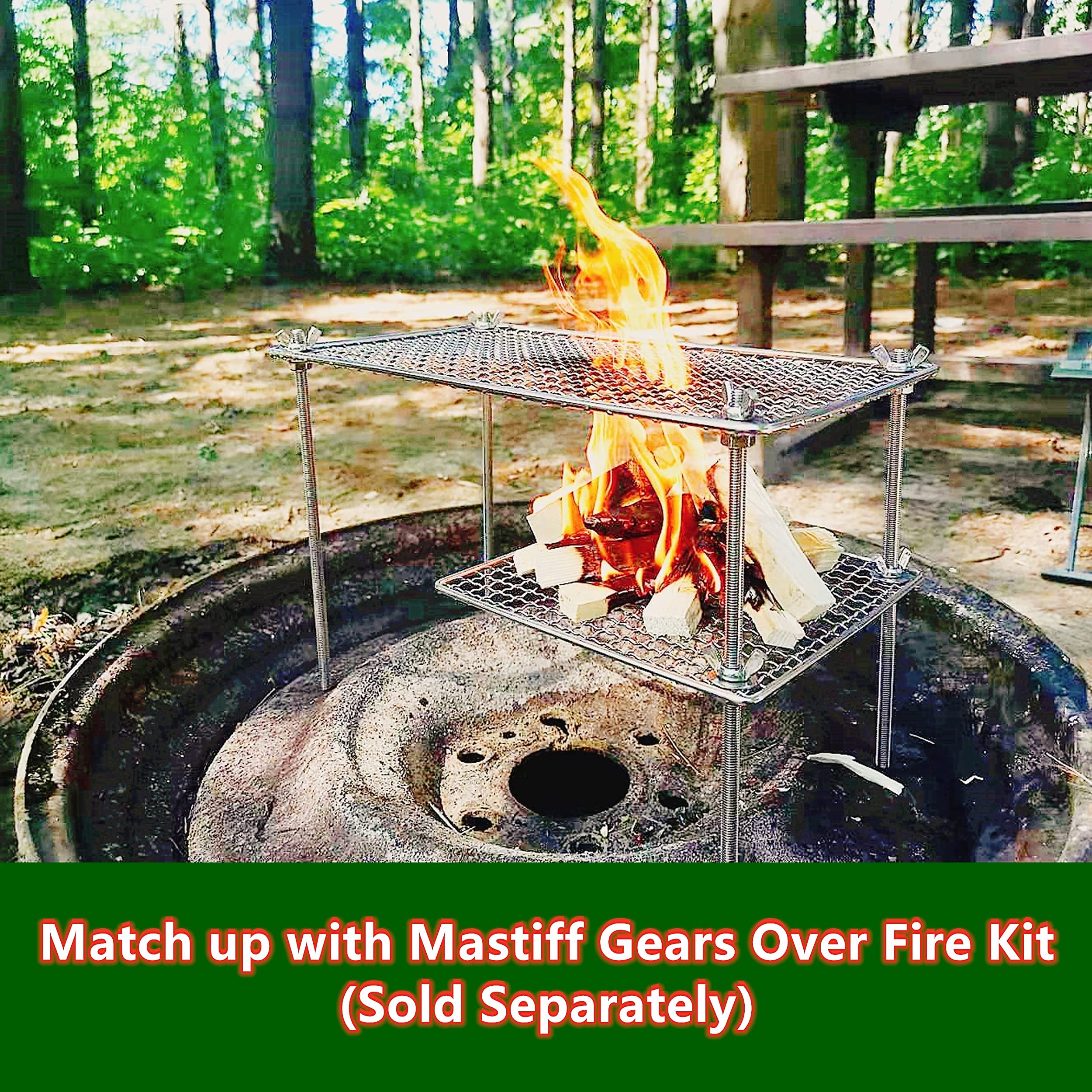 MASTIFF GEARS® Bushcraft Grill Grate, Multi-Use 3D Welded 304 (18/8) Stainless Steel High Strength Mesh Campfire Grill, FDA Compliant, for Camping, Backpacking, Hunting & Fishing (Solo)