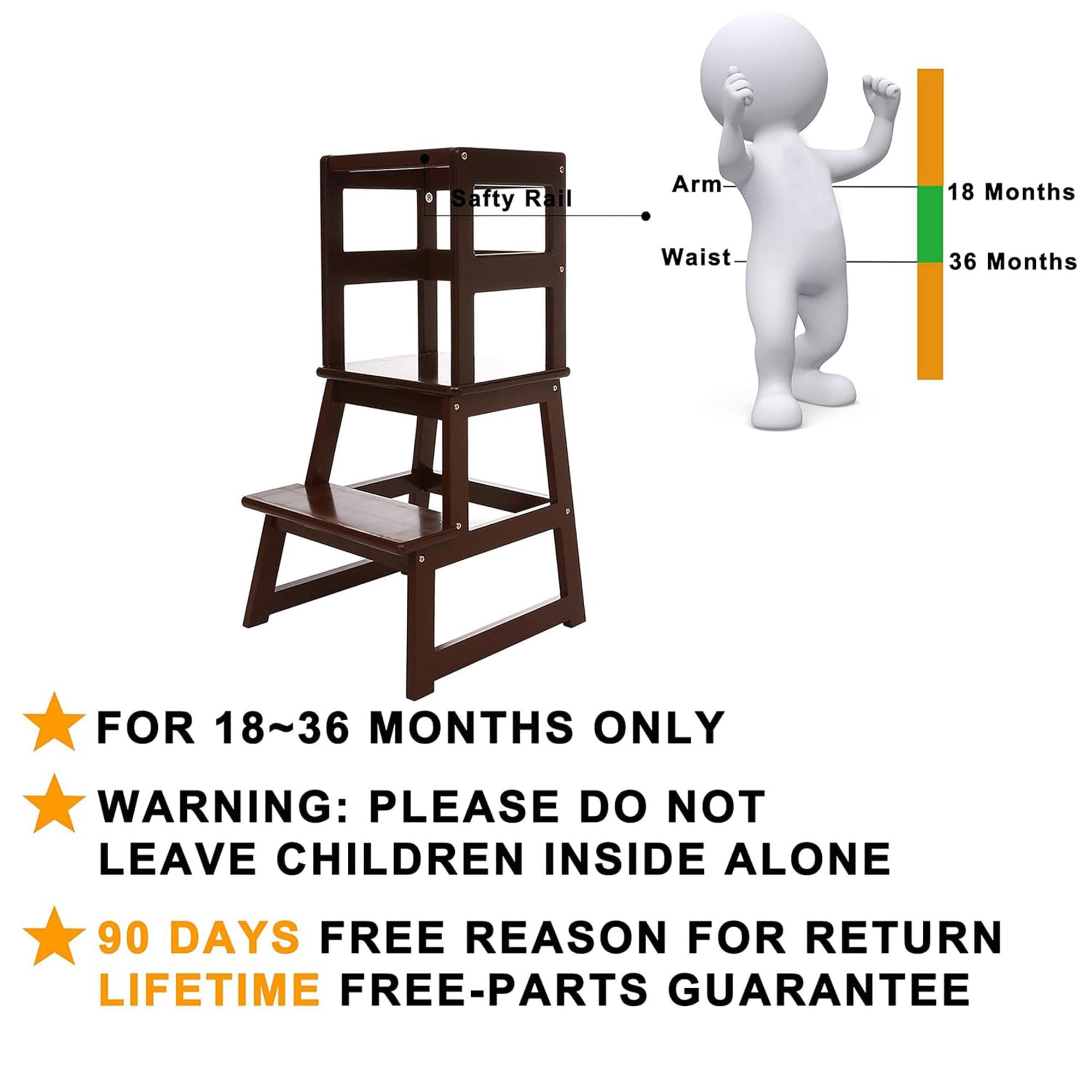 SDADI Kids Kitchen Step Stool Holds up to 150 Pounds with Safety Rail, Wide Platform Design, 4 Anti Slip Strips for 18 to 36 Months Old, Espresso