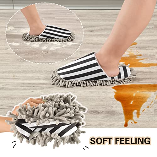 Kigai Microfiber Cleaning Slippers Black and White Stripes Washable Mop Shoes Slipper for Men/Women House Floor Dust Cleaner, Size M