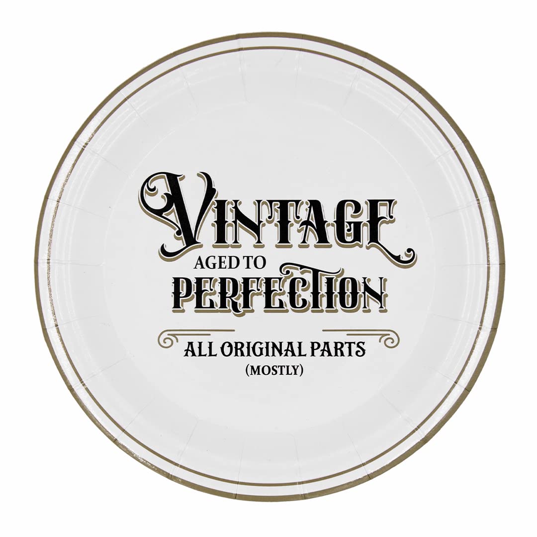 Kitschy Collective 30 Count, Vintage - Aged to Perfection 7-inch Paper Party Dessert Plates for Birthday or Anniversary Parties
