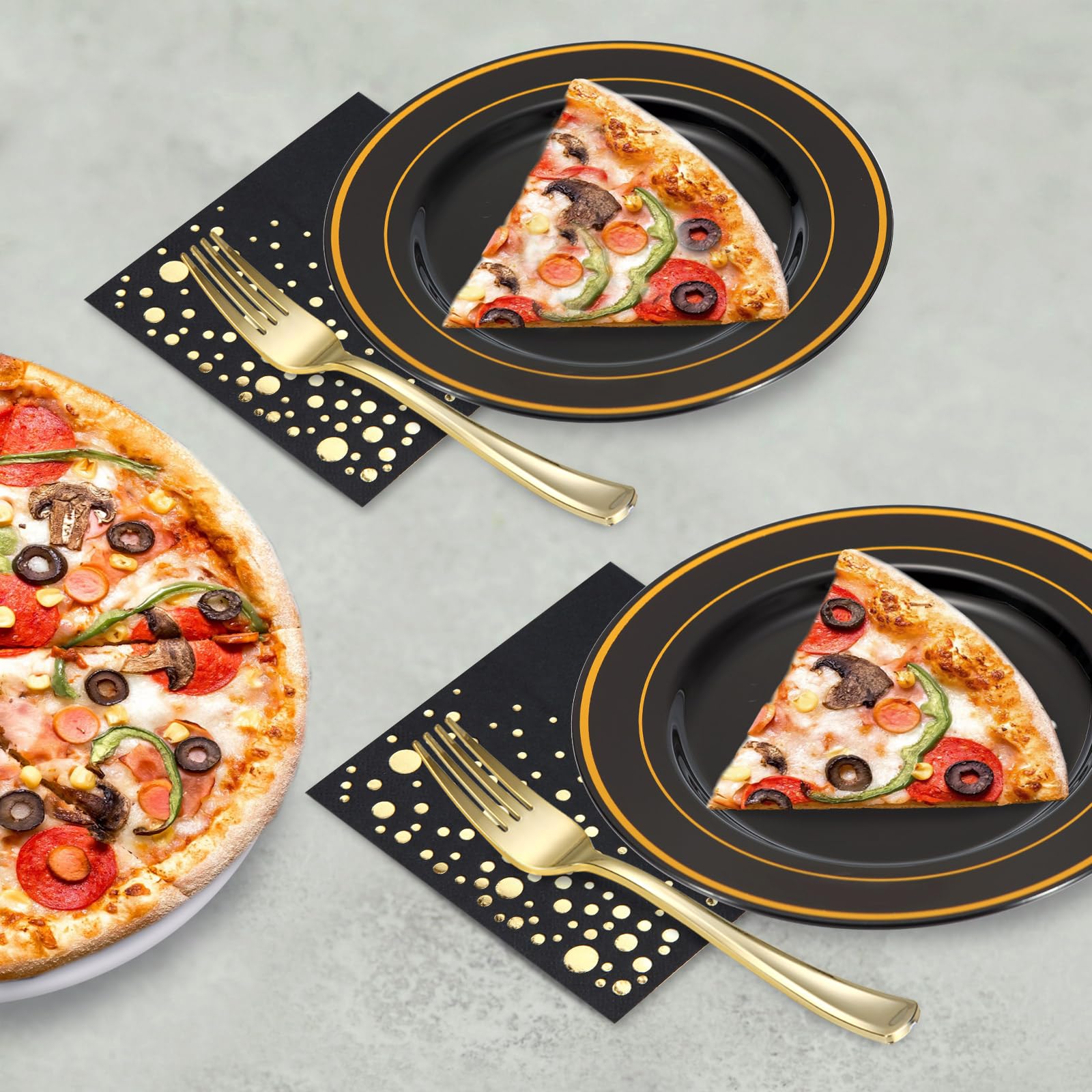 Stylish 7.5 Inch Gold and Black Cake Plates with Disposable Forks and Cocktail Napkins (100 Set of Each) - Small Appetizer Plates, Disposable Cake Plates or Salad Plate - Black Plastic Dessert Plates