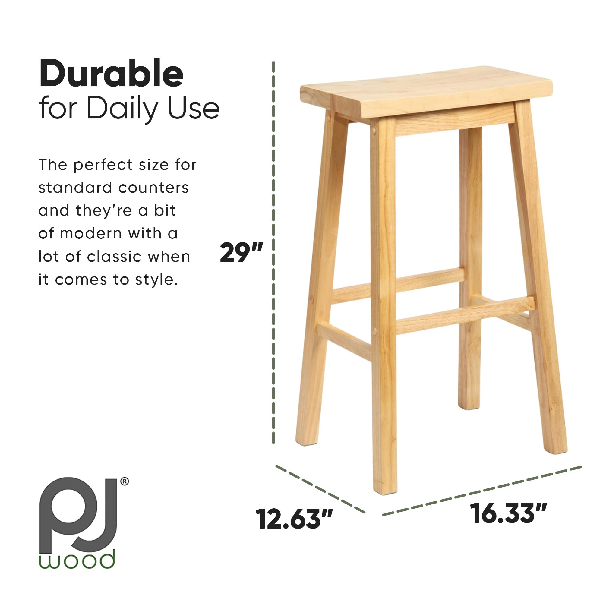 PJ Wood Classic Saddle Seat 29 Inch Tall Kitchen Counter Bar Stool for Homes, Dining Spaces, and Bars with Backless Seat, Natural