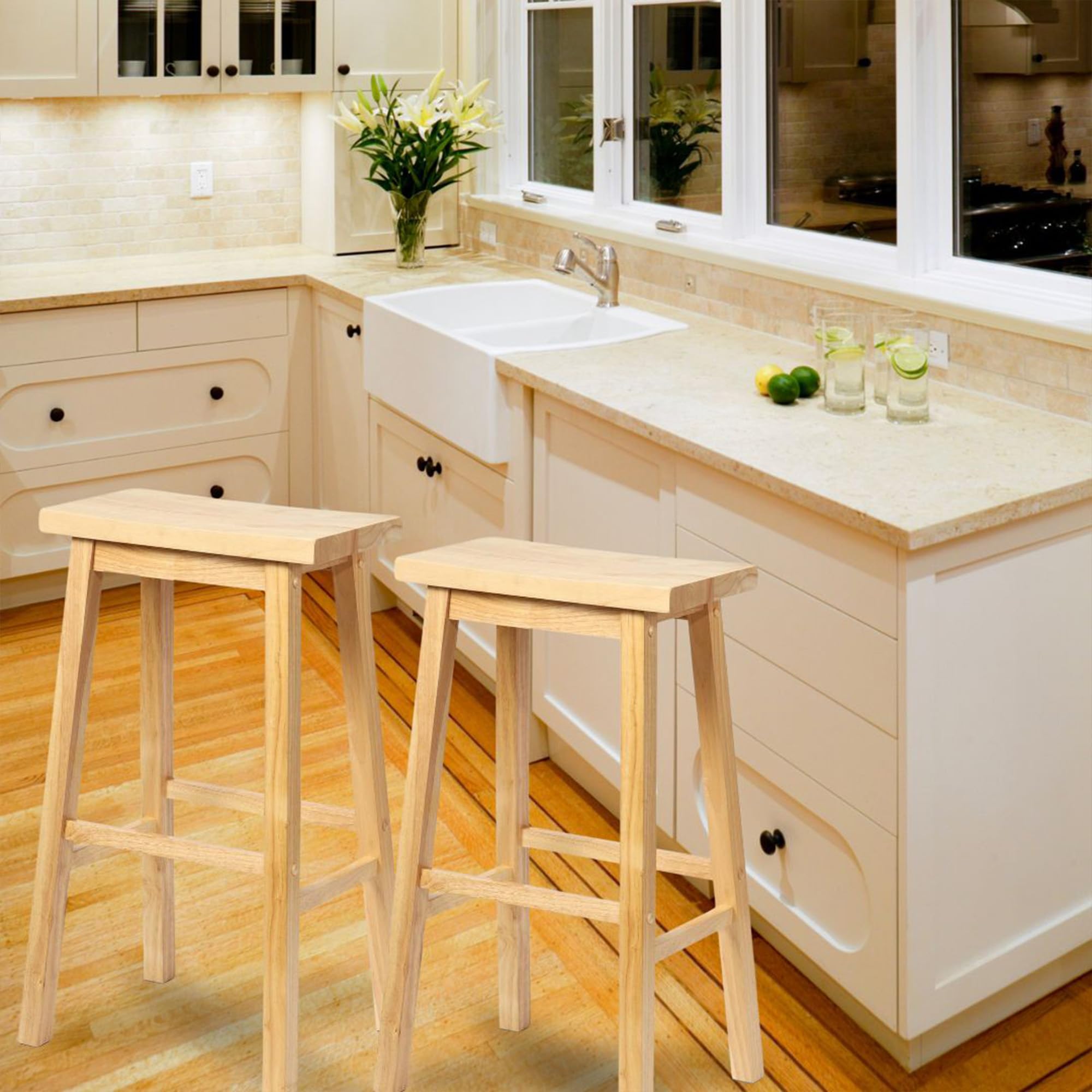 PJ Wood Classic Saddle Seat 29 Inch Tall Kitchen Counter Bar Stool for Homes, Dining Spaces, and Bars with Backless Seat, Natural