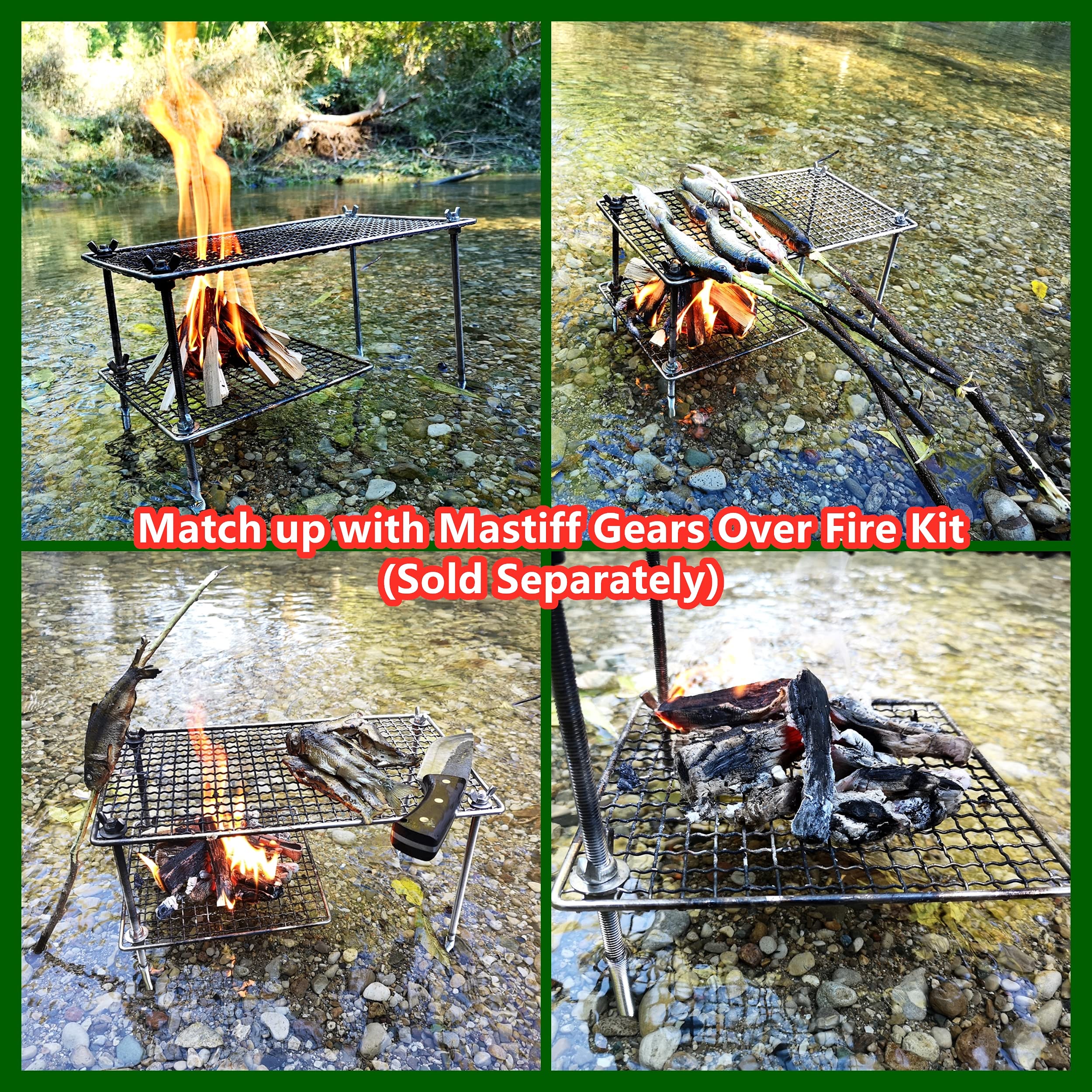 MASTIFF GEARS® Bushcraft Grill Grate, Multi-Use 3D Welded 304 (18/8) Stainless Steel High Strength Mesh Campfire Grill, FDA Compliant, for Camping, Backpacking, Hunting & Fishing (Solo)