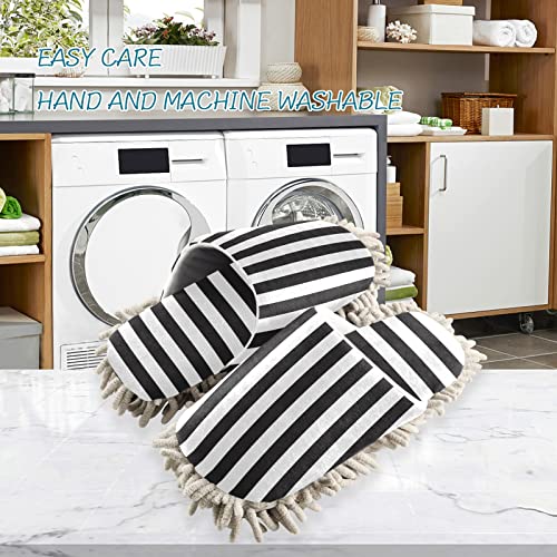 Kigai Microfiber Cleaning Slippers Black and White Stripes Washable Mop Shoes Slipper for Men/Women House Floor Dust Cleaner, Size M