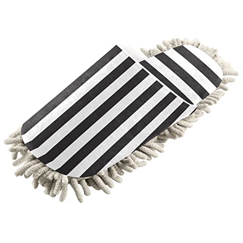 Kigai Microfiber Cleaning Slippers Black and White Stripes Washable Mop Shoes Slipper for Men/Women House Floor Dust Cleaner, Size M