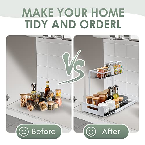 GZHDIAN Under Sink Organizer, 2-Tier Pull Under The Sink Storage Organizer, Sliding Organizer Under Sink, For Under Sink Kitchen Organizers and Storage - White