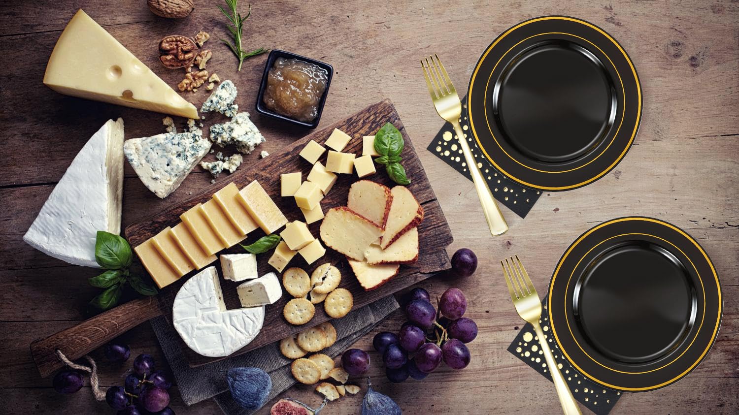 Stylish 7.5 Inch Gold and Black Cake Plates with Disposable Forks and Cocktail Napkins (100 Set of Each) - Small Appetizer Plates, Disposable Cake Plates or Salad Plate - Black Plastic Dessert Plates