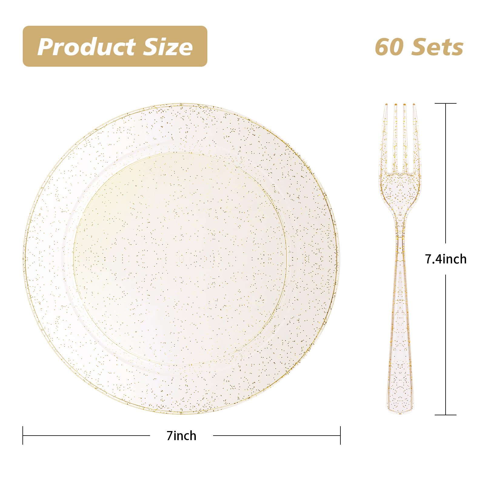 Goodluck 120PCS Gold Glitter Plates with Plastic Forks, Gold Dessert Plates for 60 Guests, Heavy Duty Disposable Plates for Party, Including 60 7" Plastic Plates and 60 7.4" Plastic Forks