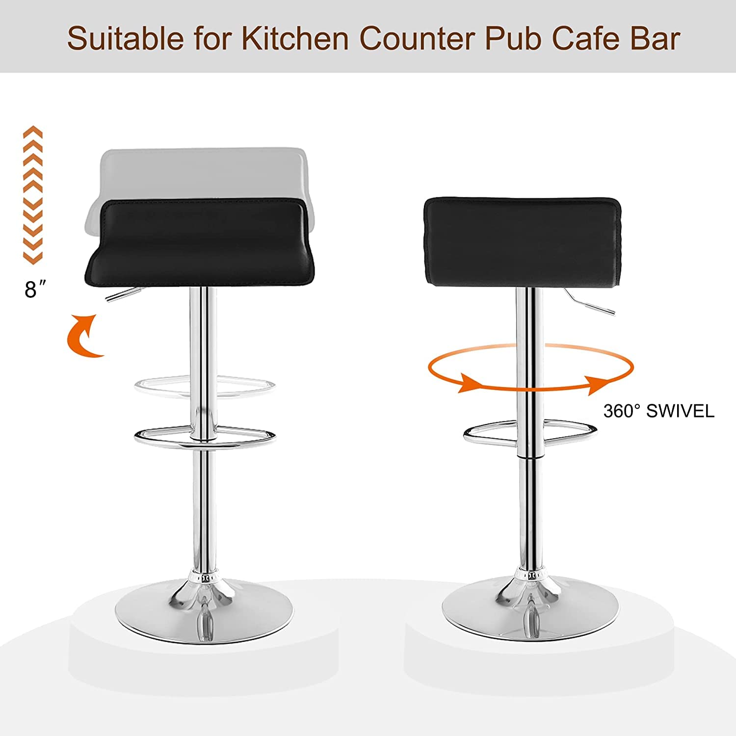 VECELO Bar Stools Set of 2, Swivel Bar Chairs, Adjustable Counter Bar Stools, Stools for Kitchen/Island/Bar/Dining Room/Party, Dark Black