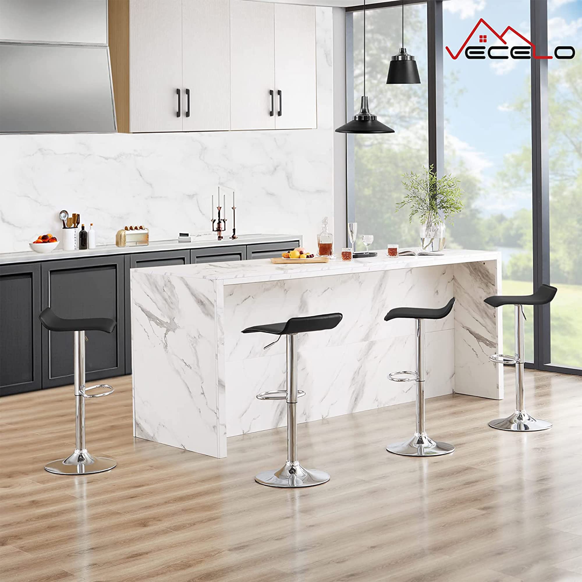 VECELO Bar Stools Set of 2, Swivel Bar Chairs, Adjustable Counter Bar Stools, Stools for Kitchen/Island/Bar/Dining Room/Party, Dark Black