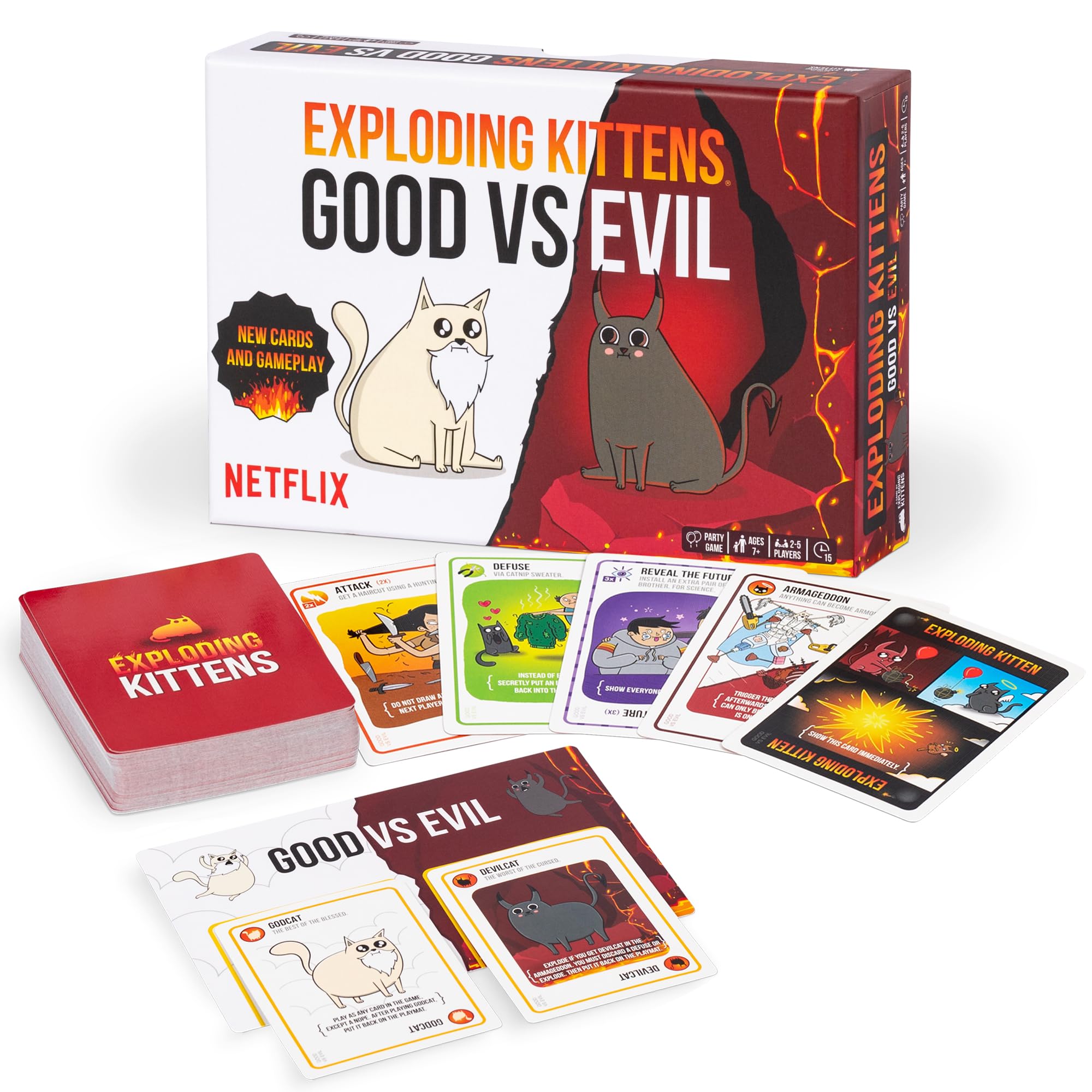 Exploding Kittens Good vs. Evil - 2-5 Players - Ages 7+ - Inspired by Netflix Show - High Stakes Family Card Game - Ideal for Party, Family Night - Animated Netflix Show