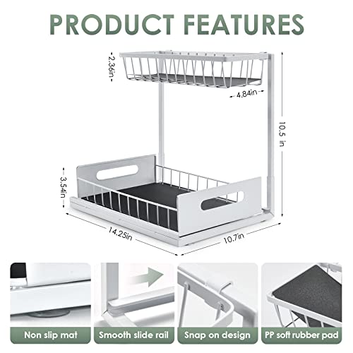 GZHDIAN Under Sink Organizer, 2-Tier Pull Under The Sink Storage Organizer, Sliding Organizer Under Sink, For Under Sink Kitchen Organizers and Storage - White