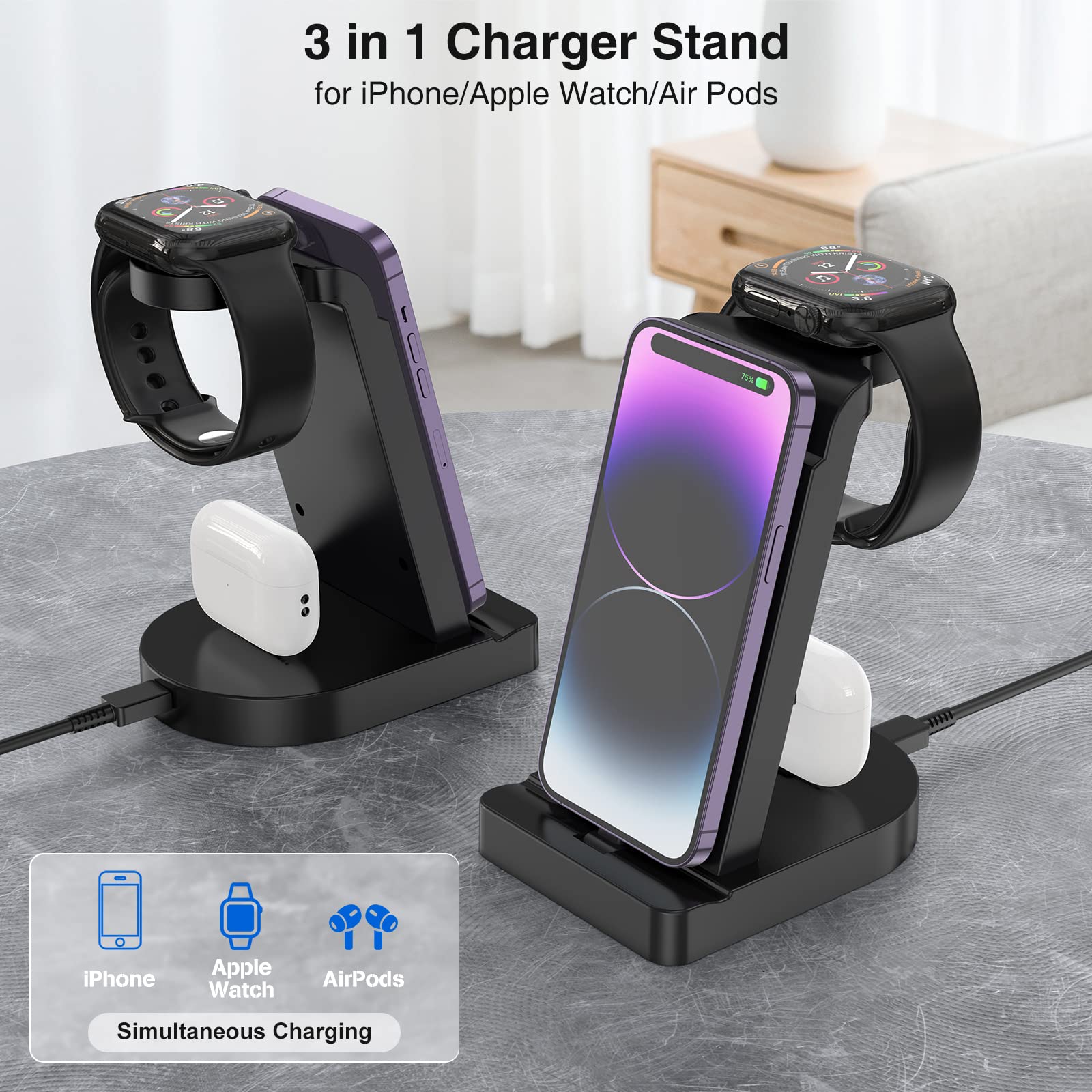 Charger Station for Apple Devices, 3 in1 Fast Charging Stand,iPhone Charging Dock Stand for i Watch Ultra/8/7/6/SE/5/4/3 and iPhone 14 13 12 11 Pro X Max XS XR 8 7 Plus 6s and Air Pods with Adapter