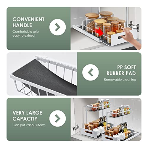 GZHDIAN Under Sink Organizer, 2-Tier Pull Under The Sink Storage Organizer, Sliding Organizer Under Sink, For Under Sink Kitchen Organizers and Storage - White