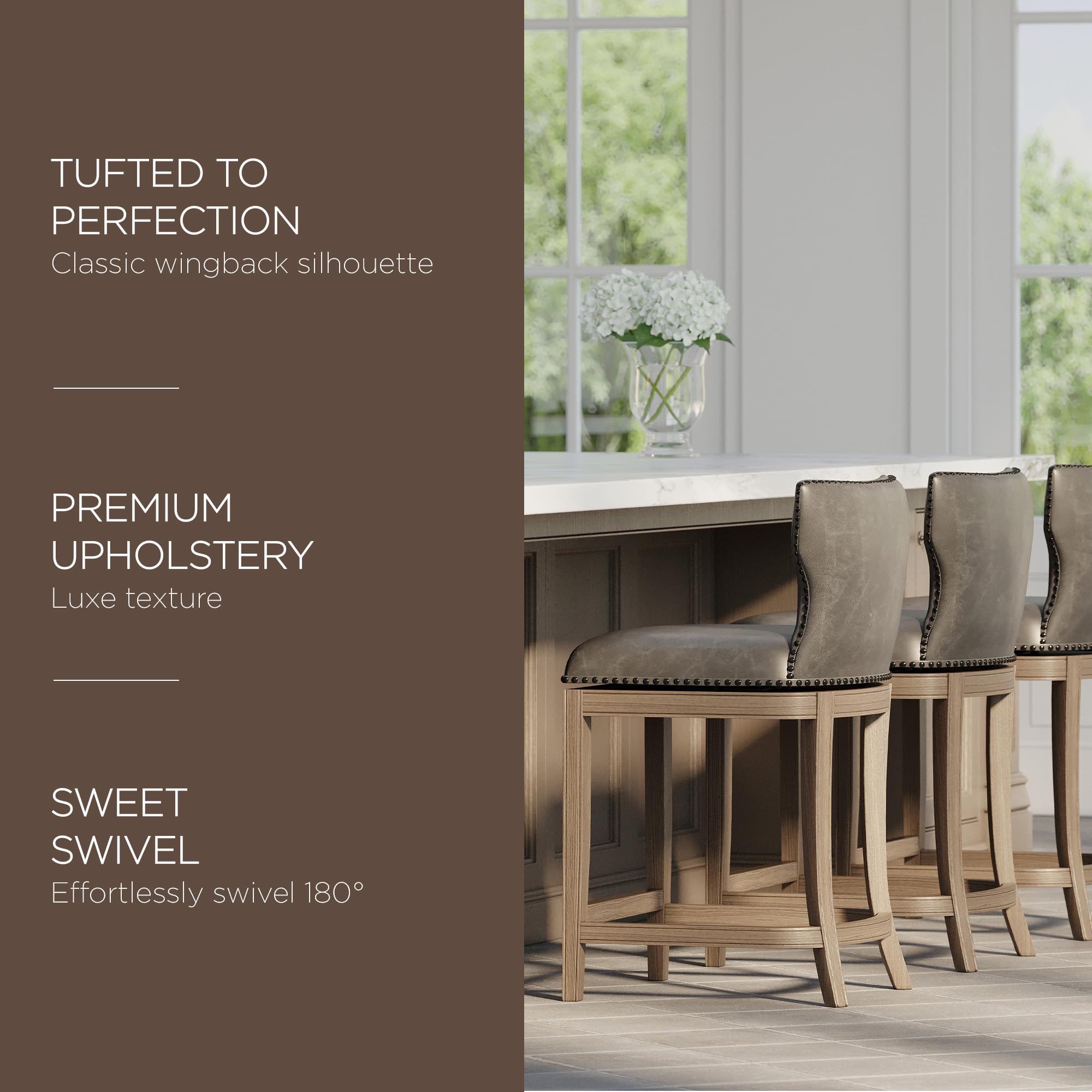 Maven Lane Hugo 26 Inch High Counter Height Barstool with Low Back in Reclaimed Oak Finish with Ronan Stone Vegan Leather Upholstered Seat