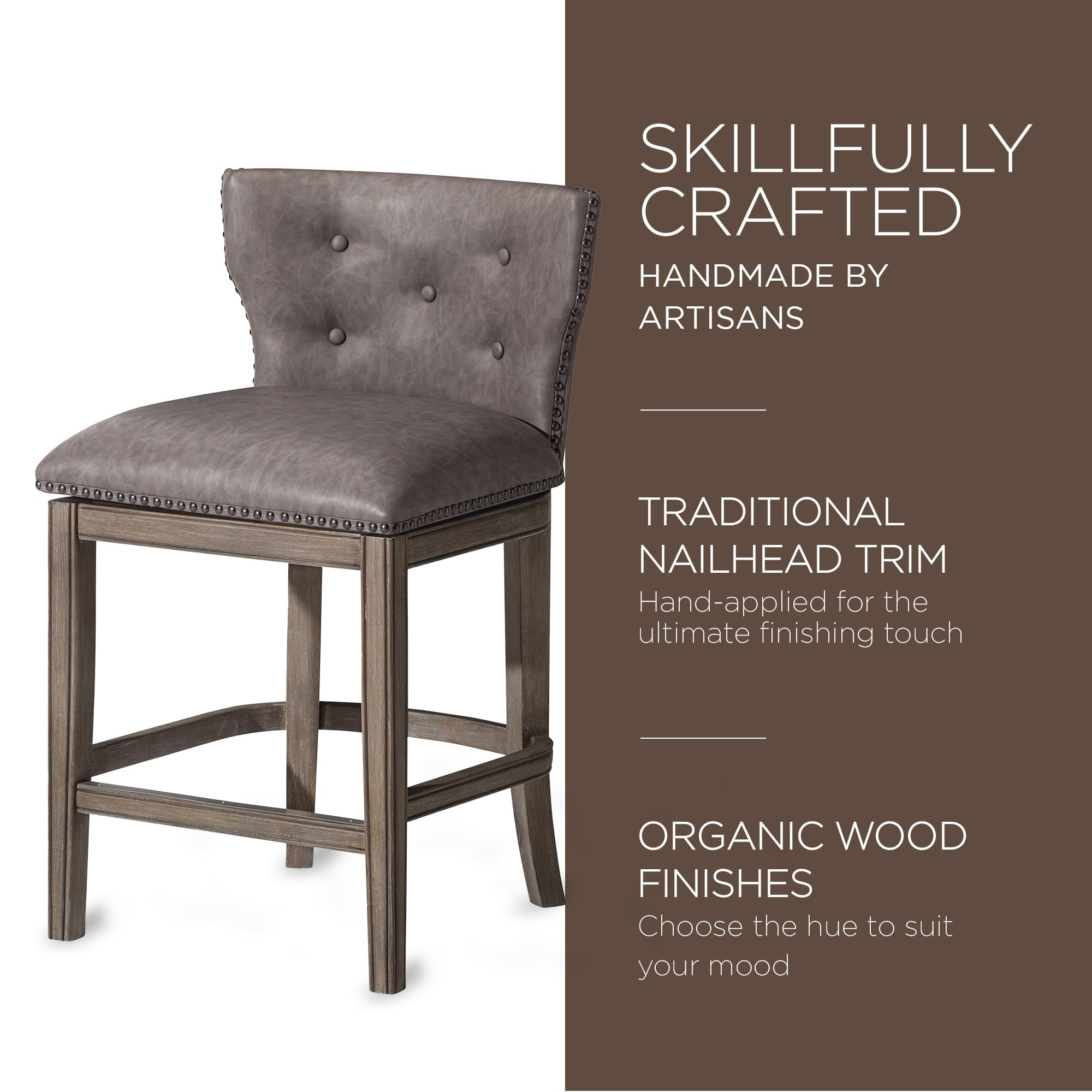 Maven Lane Hugo 26 Inch High Counter Height Barstool with Low Back in Reclaimed Oak Finish with Ronan Stone Vegan Leather Upholstered Seat