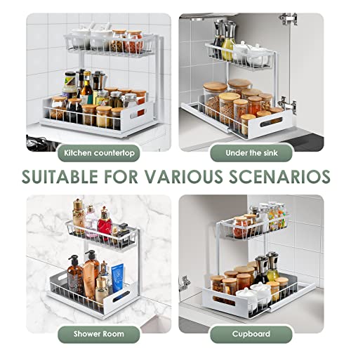 GZHDIAN Under Sink Organizer, 2-Tier Pull Under The Sink Storage Organizer, Sliding Organizer Under Sink, For Under Sink Kitchen Organizers and Storage - White