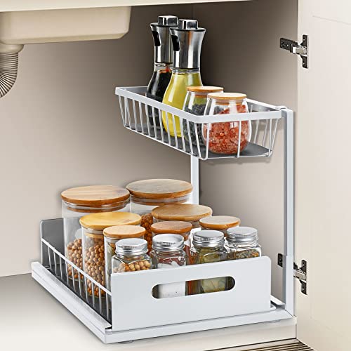 GZHDIAN Under Sink Organizer, 2-Tier Pull Under The Sink Storage Organizer, Sliding Organizer Under Sink, For Under Sink Kitchen Organizers and Storage - White