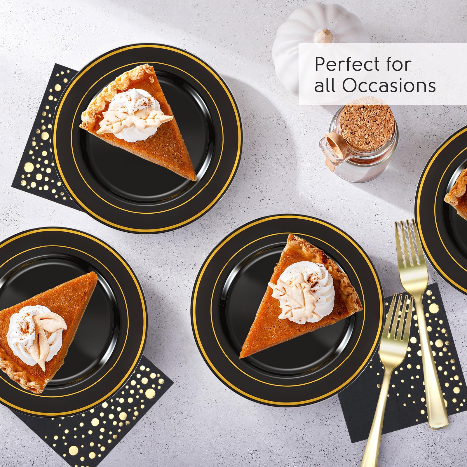 Stylish 7.5 Inch Gold and Black Cake Plates with Disposable Forks and Cocktail Napkins (100 Set of Each) - Small Appetizer Plates, Disposable Cake Plates or Salad Plate - Black Plastic Dessert Plates
