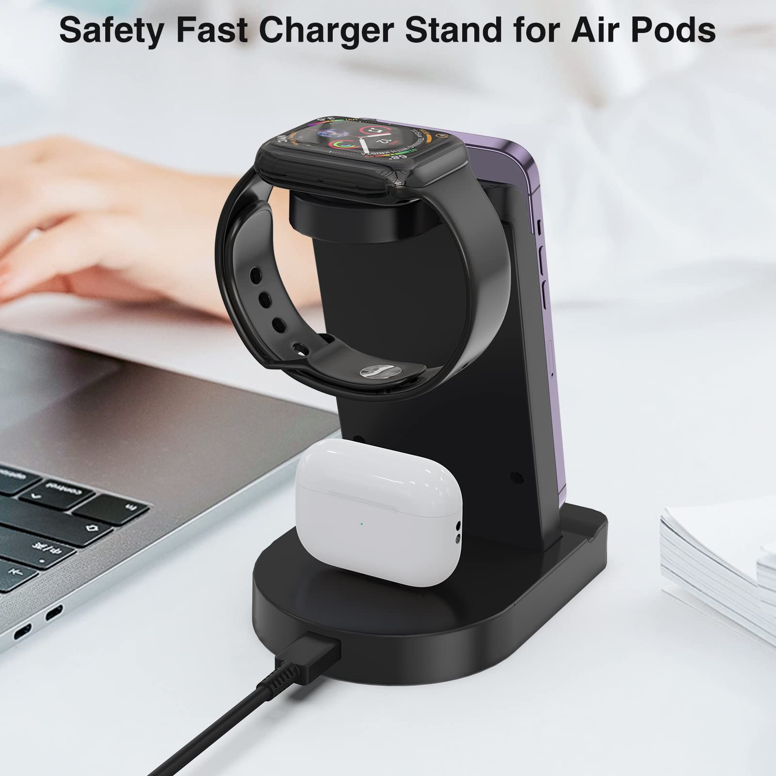 Charger Station for Apple Devices, 3 in1 Fast Charging Stand,iPhone Charging Dock Stand for i Watch Ultra/8/7/6/SE/5/4/3 and iPhone 14 13 12 11 Pro X Max XS XR 8 7 Plus 6s and Air Pods with Adapter