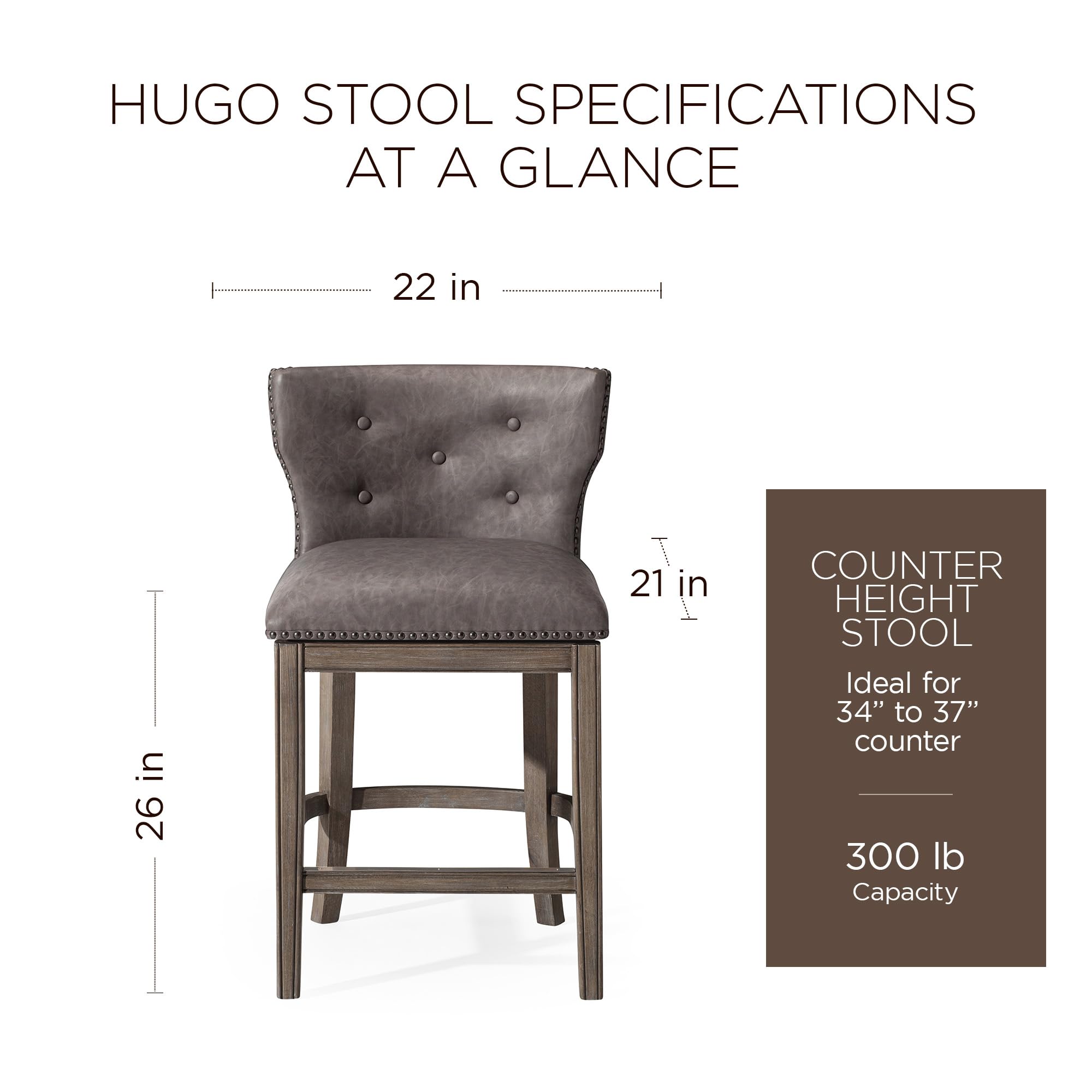 Maven Lane Hugo 26 Inch High Counter Height Barstool with Low Back in Reclaimed Oak Finish with Ronan Stone Vegan Leather Upholstered Seat