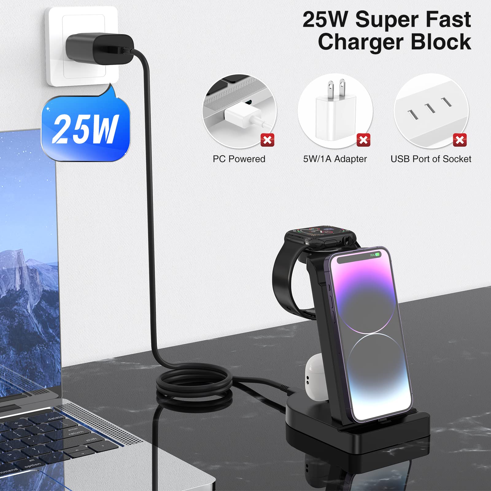 Charger Station for Apple Devices, 3 in1 Fast Charging Stand,iPhone Charging Dock Stand for i Watch Ultra/8/7/6/SE/5/4/3 and iPhone 14 13 12 11 Pro X Max XS XR 8 7 Plus 6s and Air Pods with Adapter