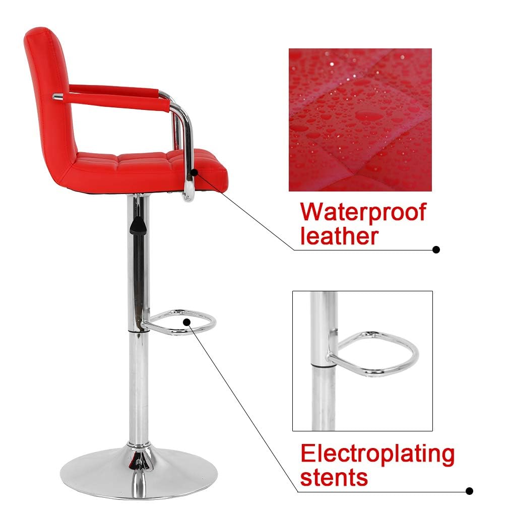 BestOffice Modern Bar Stool Set of 2 Barstools Armrest Height Adjustable Counter Stools Bar Chairs Swivel Bar Stool PU Leather Hydraulic Dining Room Chairs Home Kitchen Stools (Red)