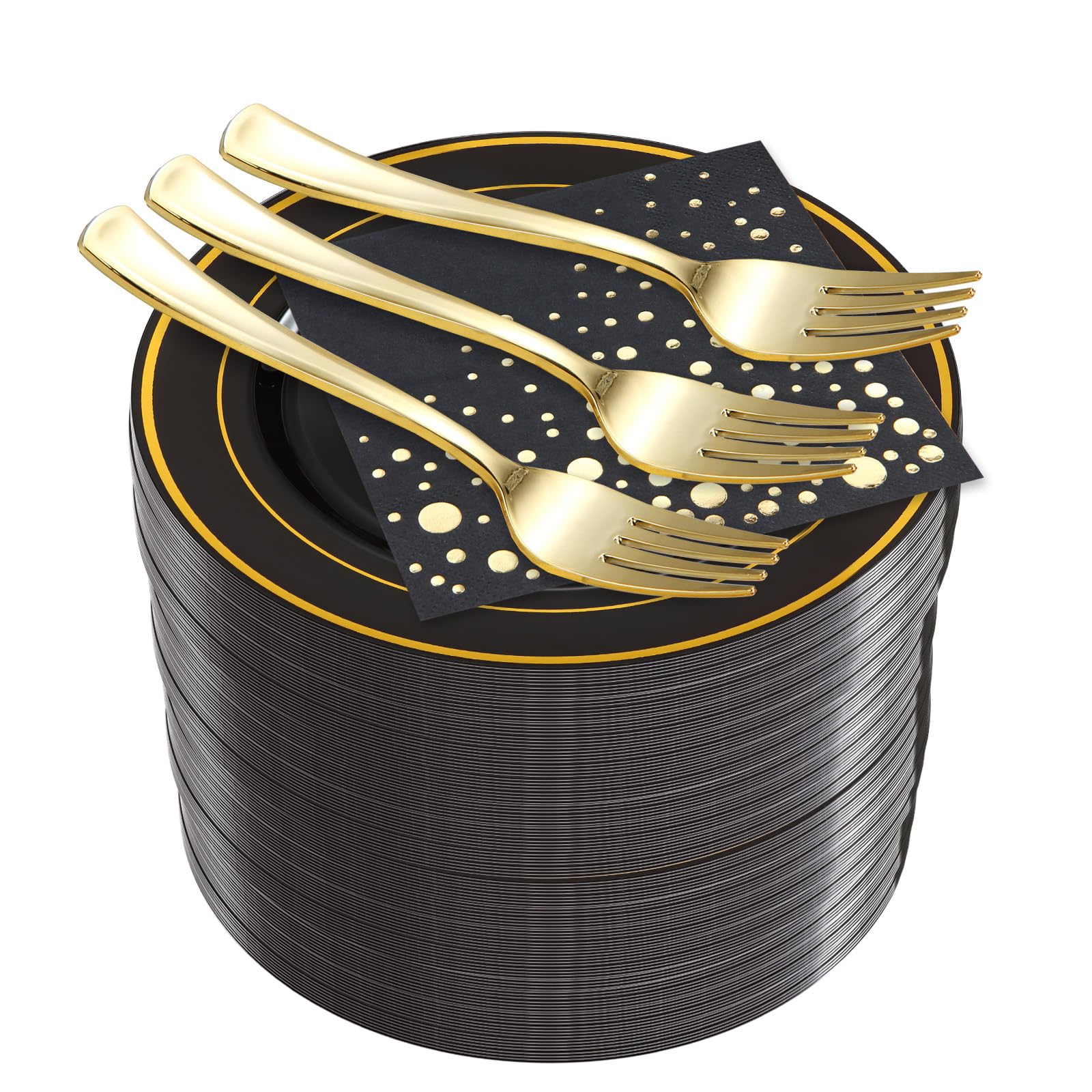 Stylish 7.5 Inch Gold and Black Cake Plates with Disposable Forks and Cocktail Napkins (100 Set of Each) - Small Appetizer Plates, Disposable Cake Plates or Salad Plate - Black Plastic Dessert Plates