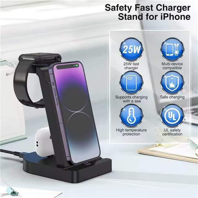 Charger Station for Apple Devices, 3 in1 Fast Charging Stand,iPhone Charging Dock Stand for i Watch Ultra/8/7/6/SE/5/4/3 and iPhone 14 13 12 11 Pro X Max XS XR 8 7 Plus 6s and Air Pods with Adapter