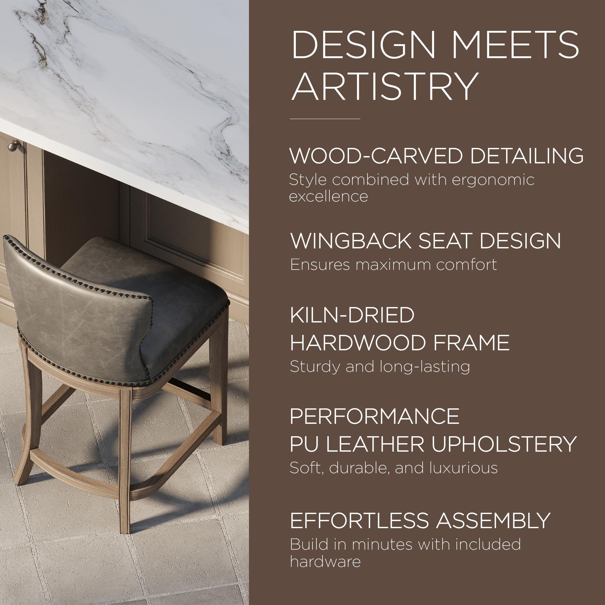 Maven Lane Hugo 26 Inch High Counter Height Barstool with Low Back in Reclaimed Oak Finish with Ronan Stone Vegan Leather Upholstered Seat