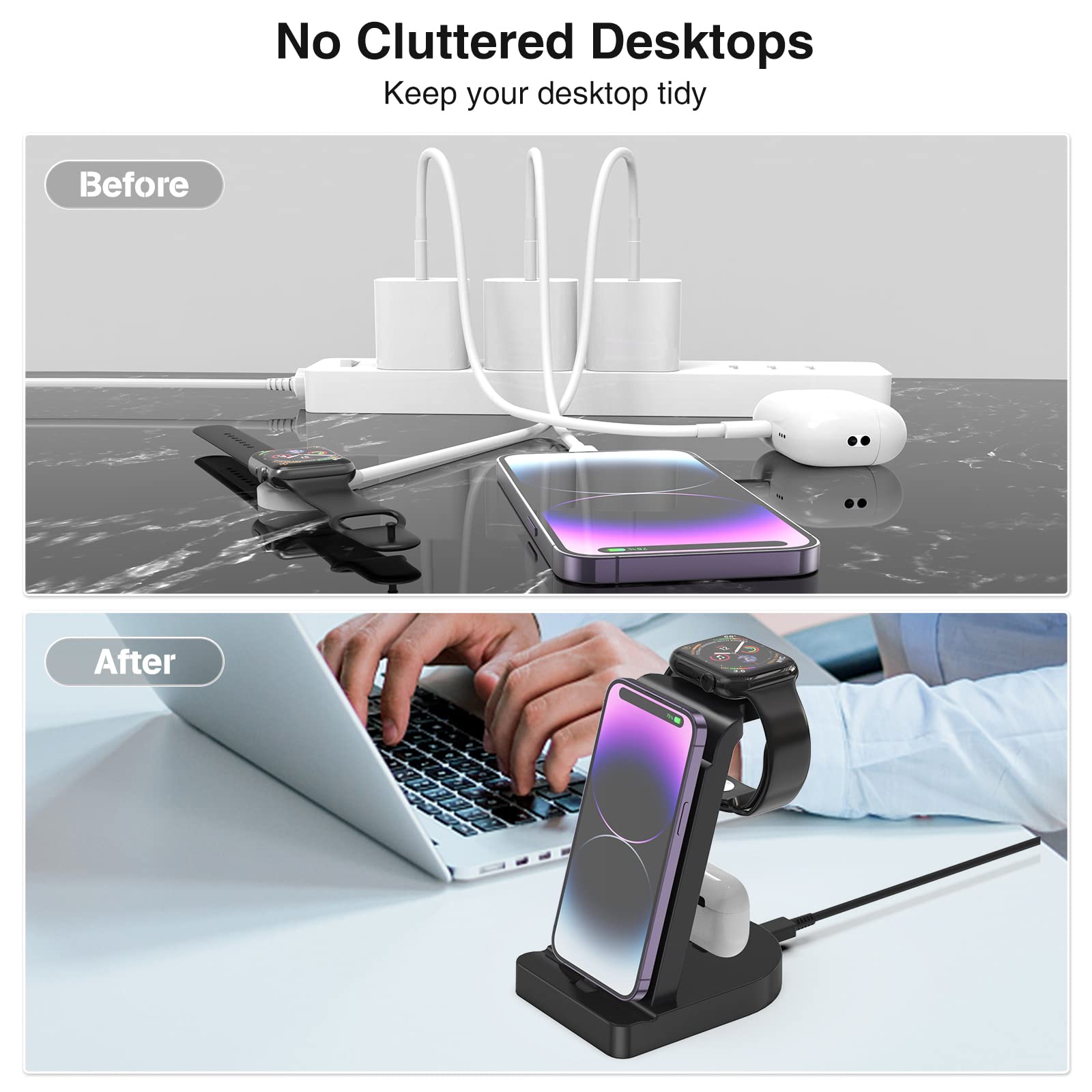 Charger Station for Apple Devices, 3 in1 Fast Charging Stand,iPhone Charging Dock Stand for i Watch Ultra/8/7/6/SE/5/4/3 and iPhone 14 13 12 11 Pro X Max XS XR 8 7 Plus 6s and Air Pods with Adapter