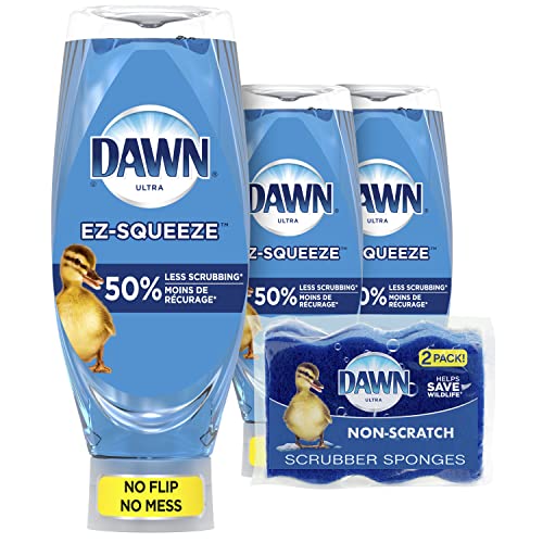 Dawn Dish Soap EZ-Squeeze Dishwashing Liquid + Non-Scratch Sponges for Dishes, Original Scent, Includes 3x22oz Bottles + 2 Sponges