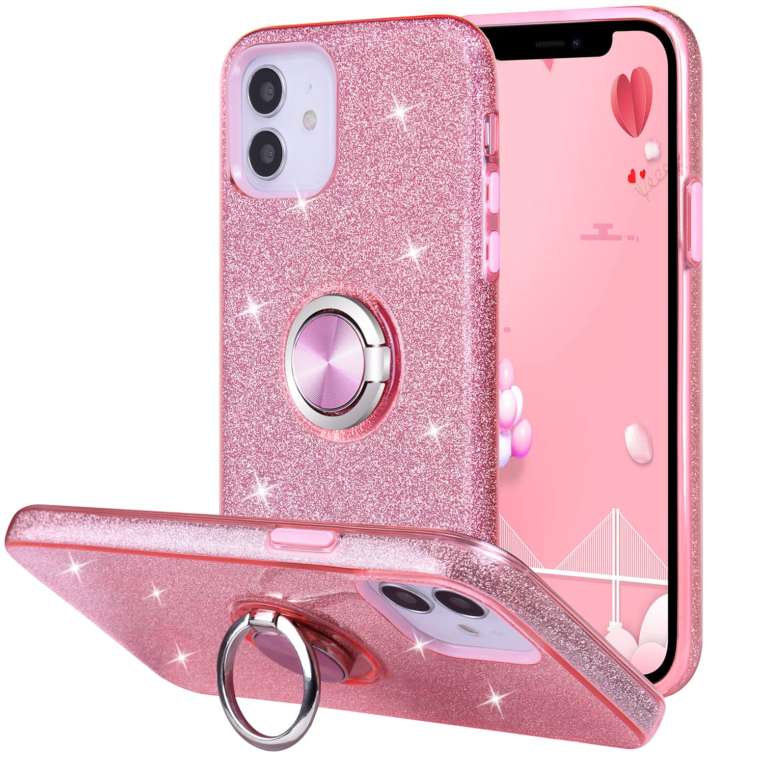 Wisdompro Case for iPhone 12 Mini, Cute Glitter Bling Sparkle Protective Case with Ring Kickstand, Women Girls Phone Case for 5.4 Inch Apple iPhone 12 Mini - Pink