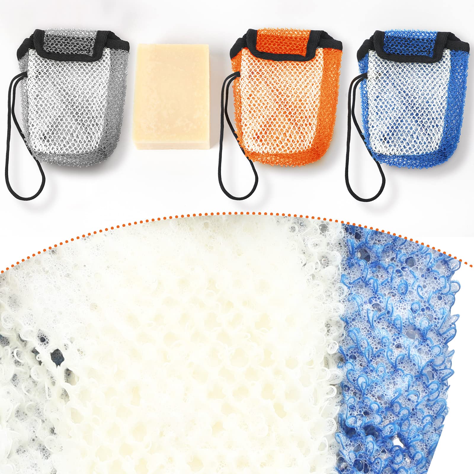 Eaasty 6 Pieces Exfoliating Bar Soap Pouch Soap Saver Pouch for Deep Clean Mesh Soap Bag Bath Shower Body Soap Saver Bag Dual Sided Soap Scrubber Pouch Bar Soap Holder Loofah, Orange, Gray, Blue